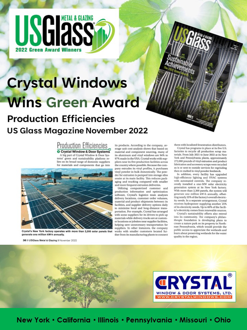 US Glass Magazine names Crystal Windows & Door 2022 Green Award winner ...